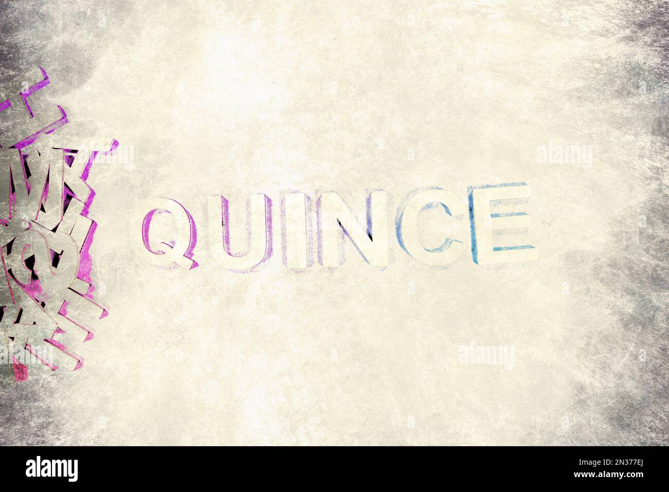 QUINCE in wooden English language capital letters spilling from a pile ...