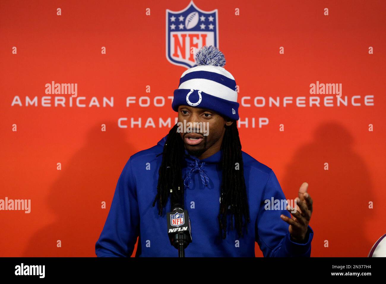 Indianapolis Colts cornerback Greg Toler answers a question during a ...