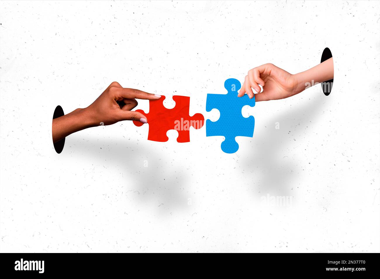 Collage artwork photo of hands holding fits puzzles complete picture ...