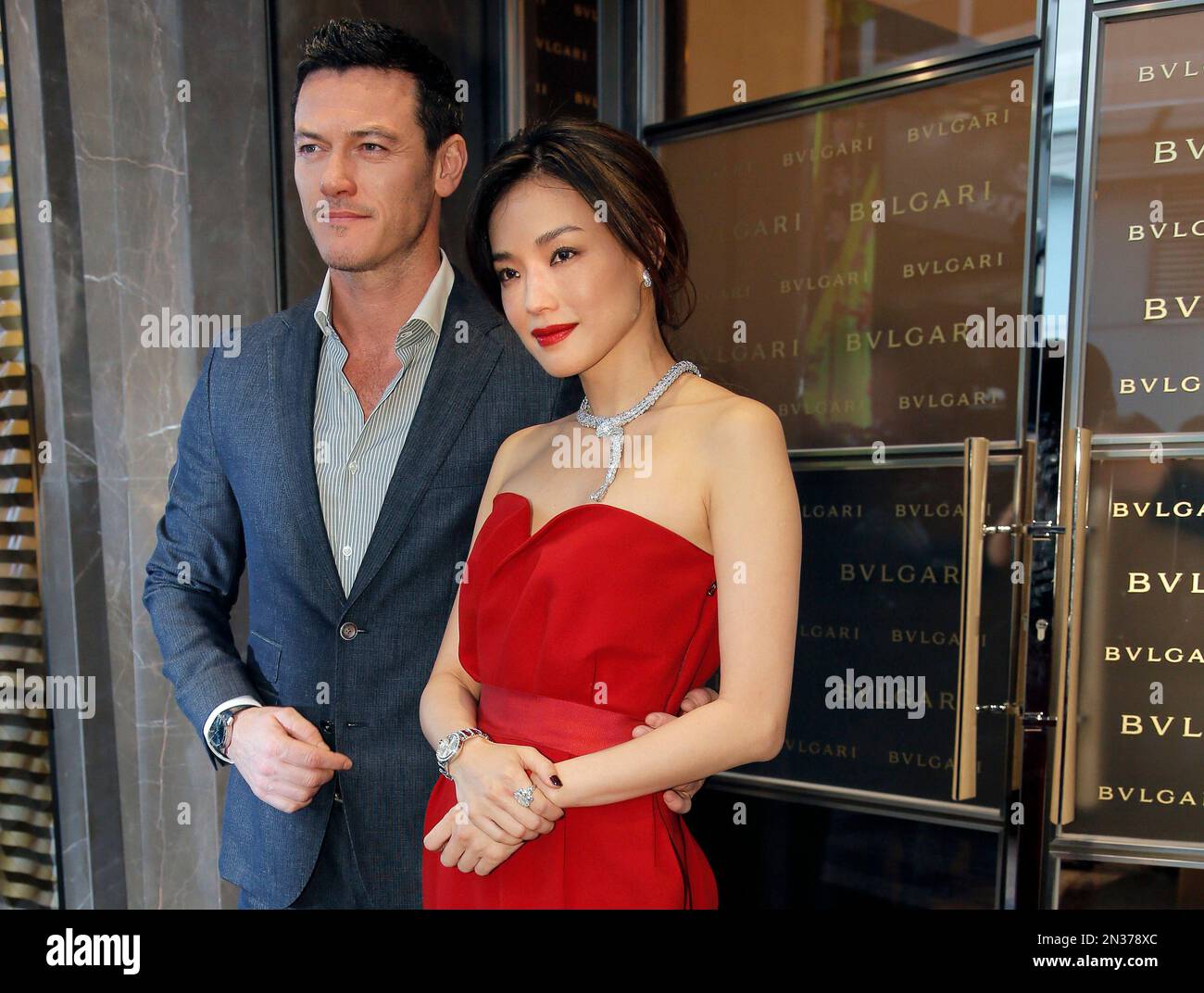 Taiwanese actress Shu Qi poses with British actor Luke Evans during a ...
