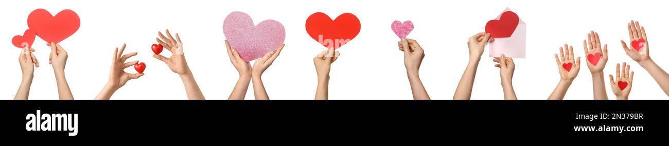 Many hands with hearts on white background Stock Photo - Alamy