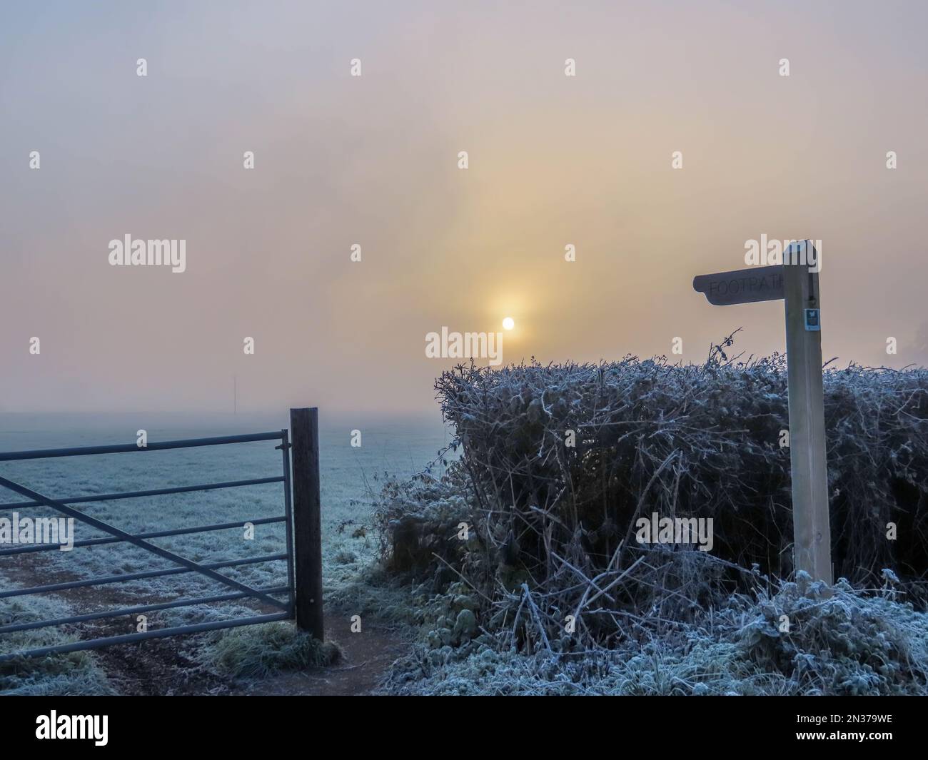 footpath sign in the frost as the sun rises in the mist Stock Photo - Alamy
