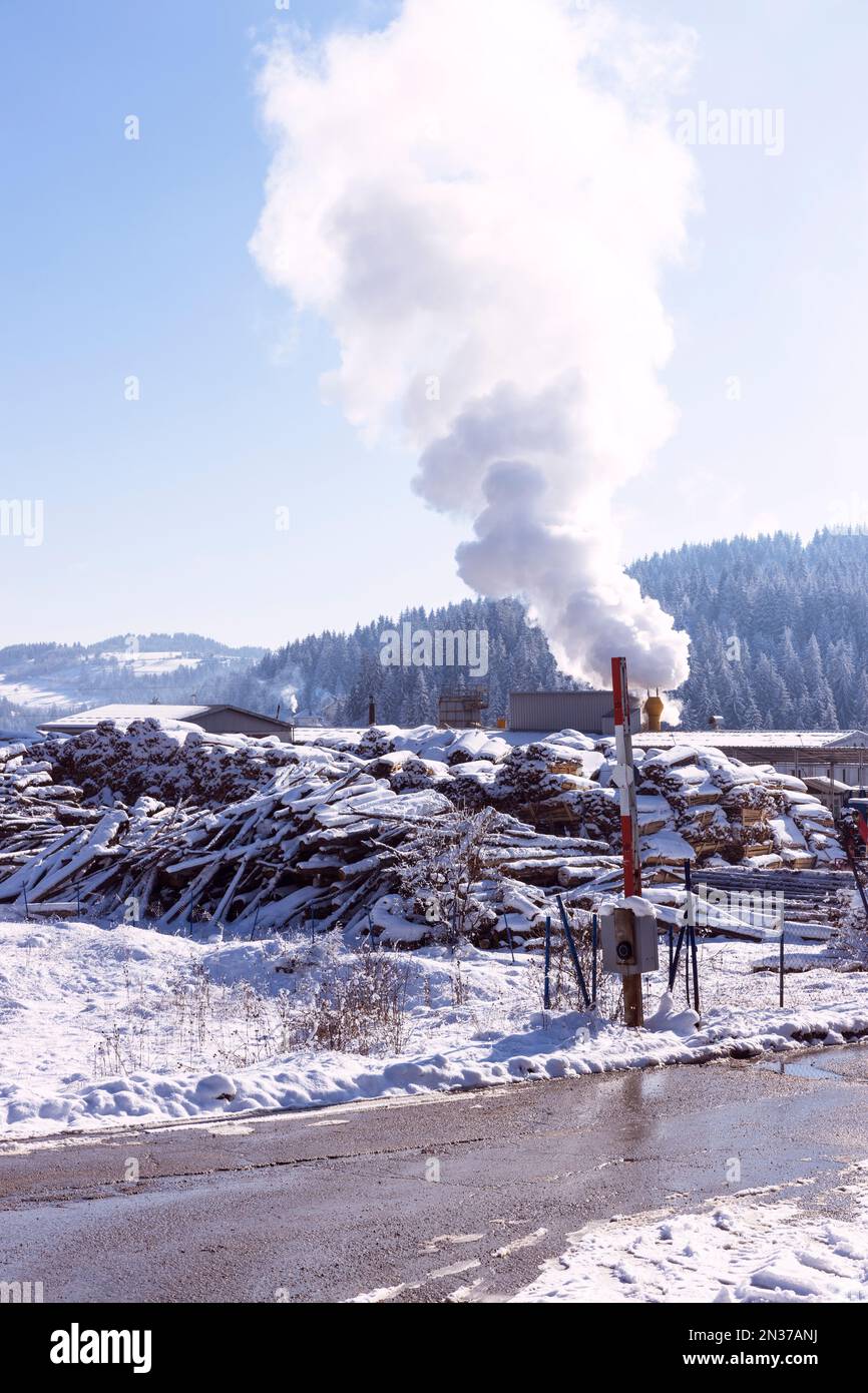 Industrial air pollution at beautiful rural nature in winter Stock ...
