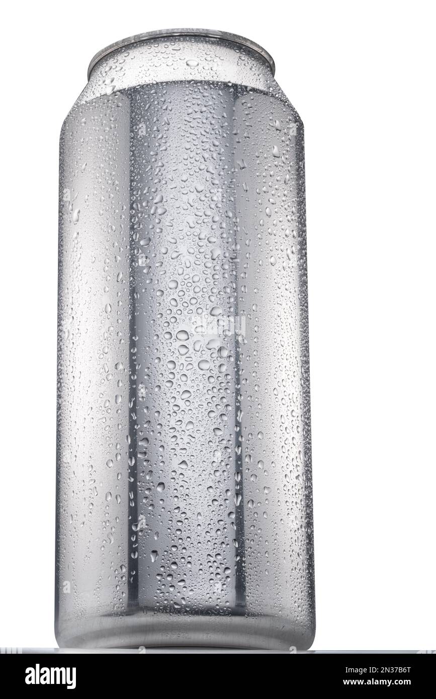 Chilled silver beer can covered with condensation on white background ...