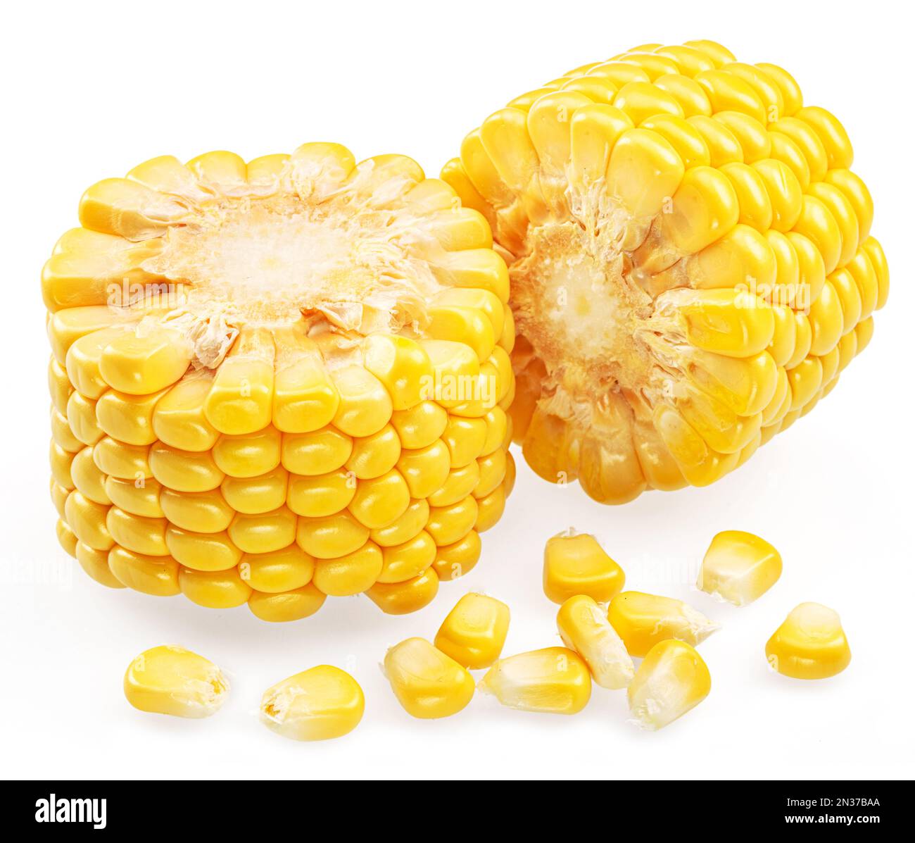 Pieces of maize cob or corn cob and corn seeds isolated on white ...