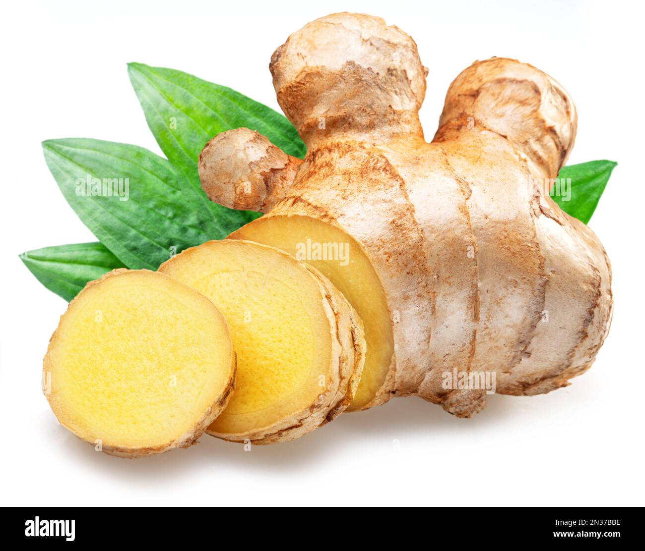 Ginger root and round slices of ginger root isolated on white ...