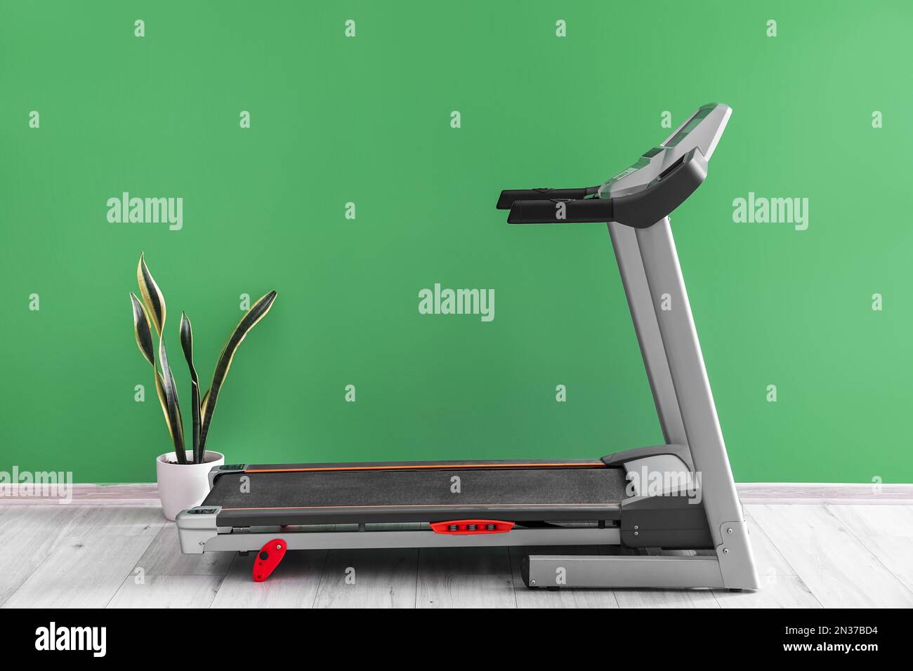 Modern treadmill and houseplant near green wall Stock Photo - Alamy