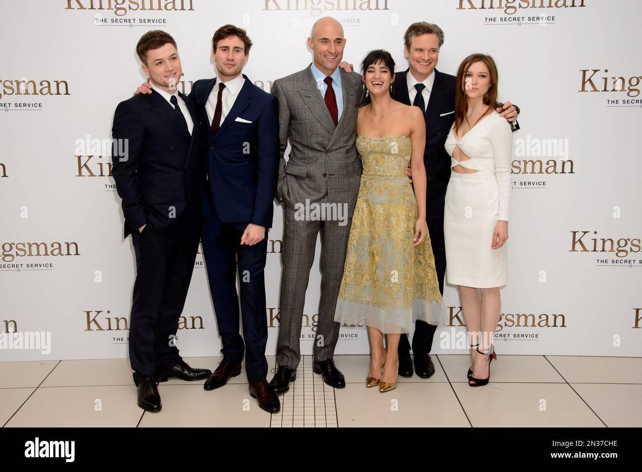 Taron Egerton, Edward Holcroft, Mark Strong, Sofia Boutella, Colin Firth and Sophie Cookson pose ...