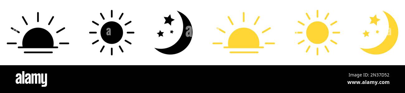 Set of rising or setting sun, crescent moon and stars. Vector ...