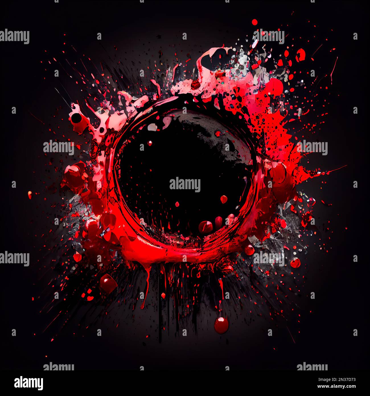 Red paint circle splash isolated on black background. Red color acrylic ...