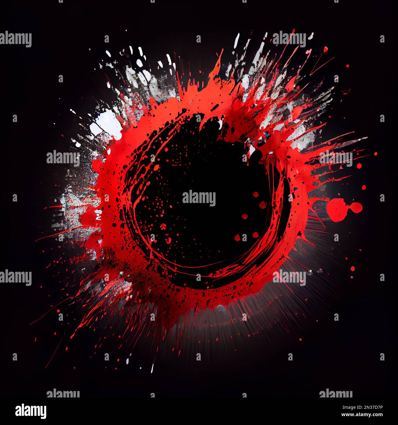 Red paint circle splash isolated on black background. Red color acrylic ...