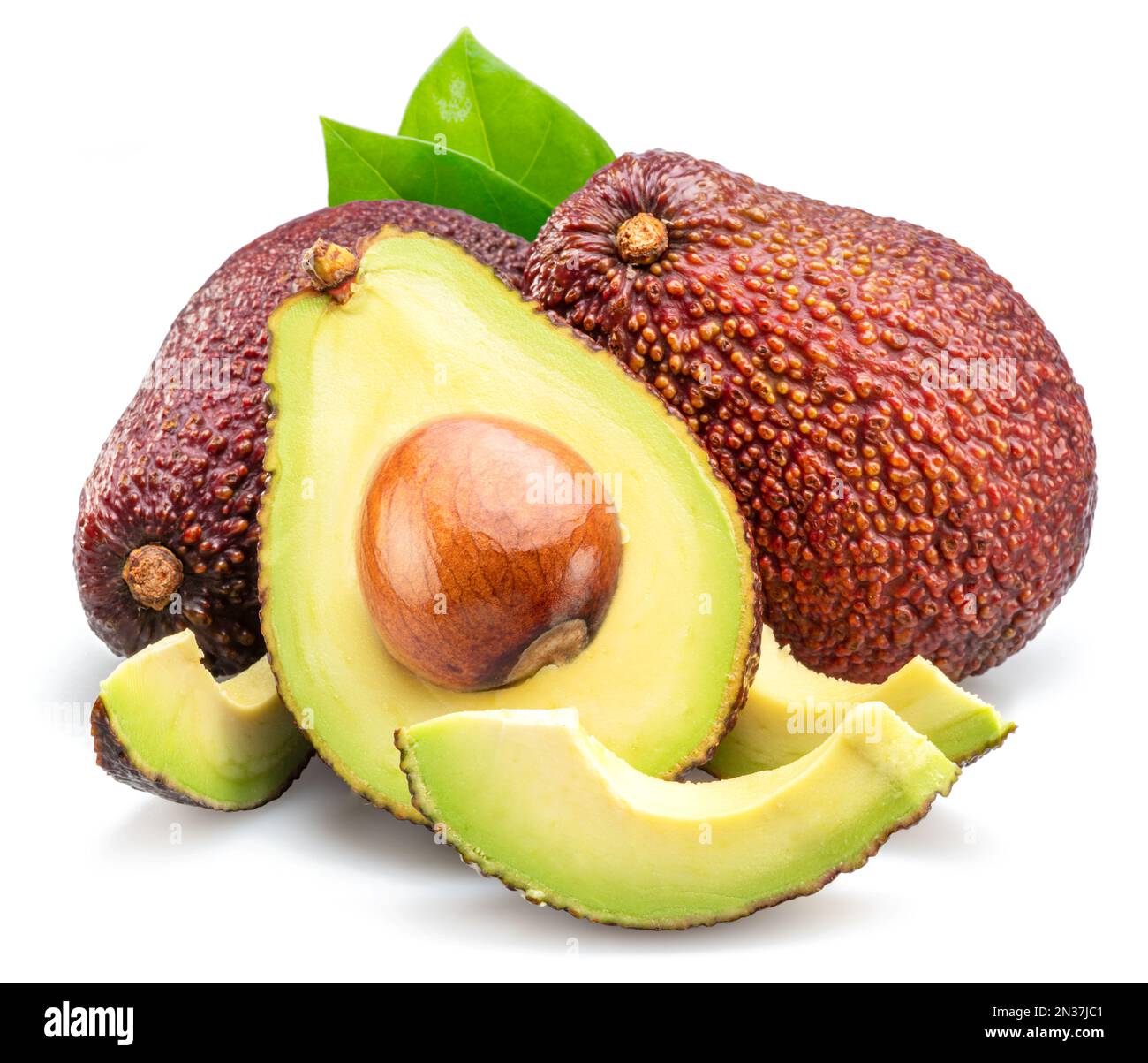 Hass avocado fruits with leaves isolated on white background Stock ...