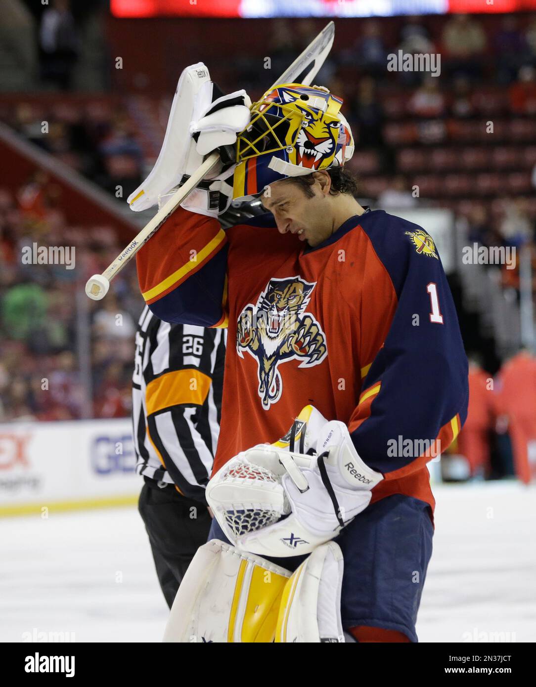 Florida Panthers goalie Roberto Luongo (1) puts his helmet on in the ...