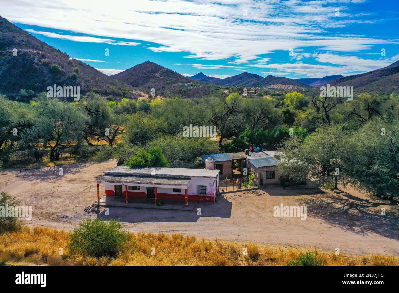 El Gavilán restaurant in Ures, Sonora Mexico. Aerial view of the river ...