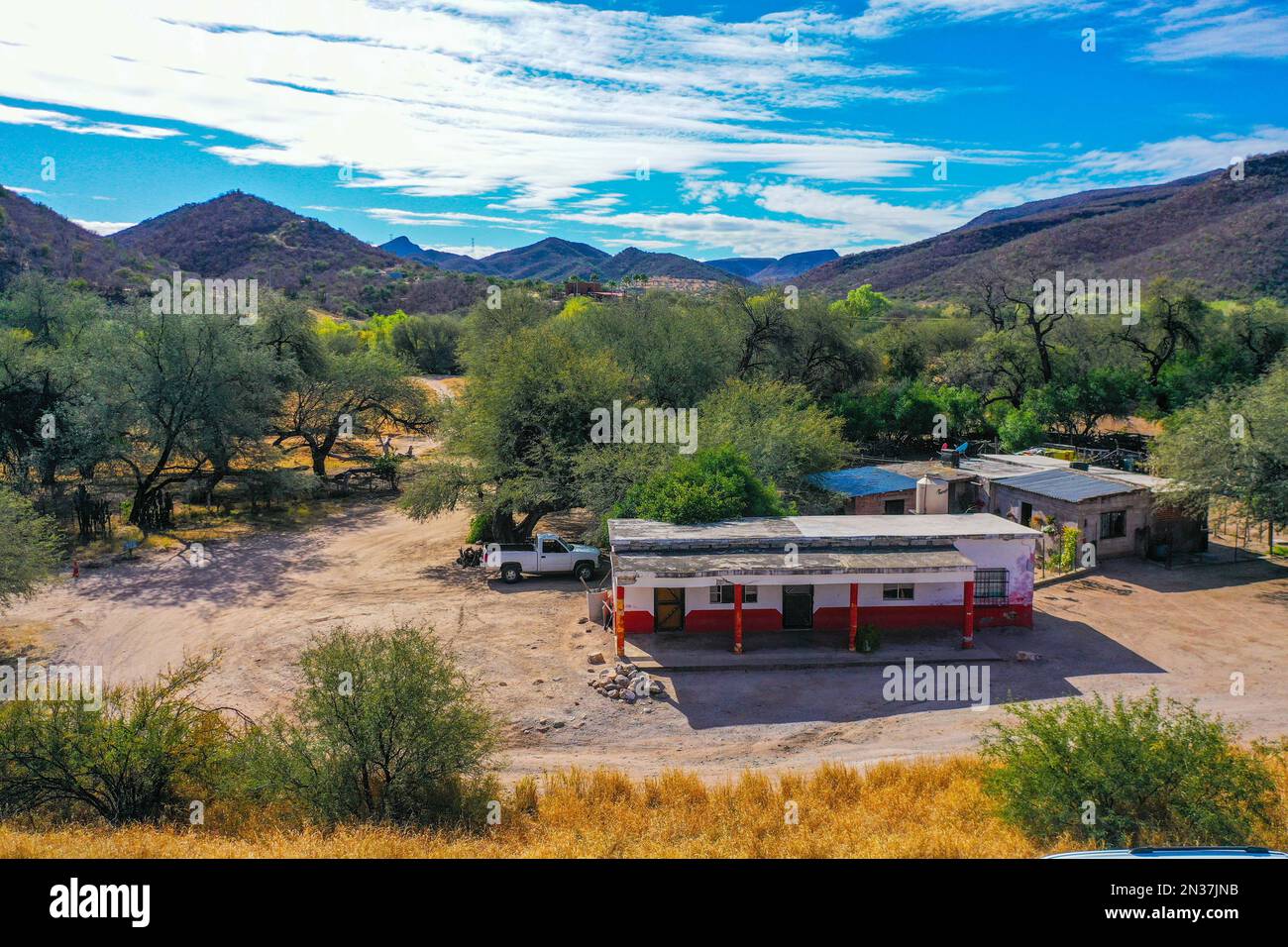 El Gavilán restaurant in Ures, Sonora Mexico. Aerial view of the river ...