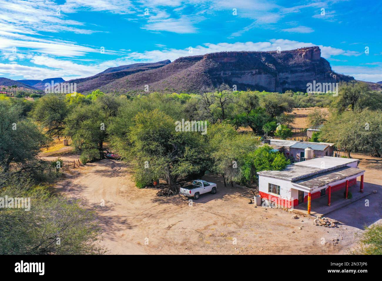El Gavilán restaurant in Ures, Sonora Mexico. Aerial view of the river ...
