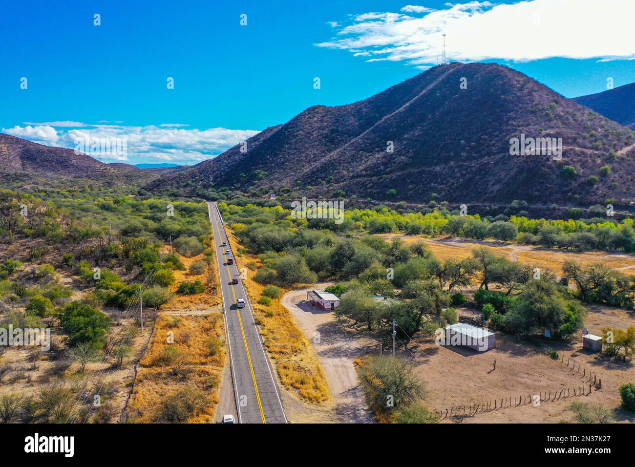 The Gavilan in Ures, Sonora Mexico. Aerial view of the river and ejido ...