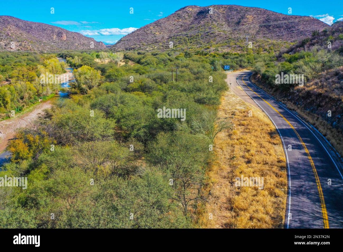 The Gavilan in Ures, Sonora Mexico. Aerial view of the river and ejido ...