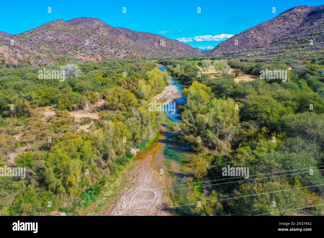 The Gavilan in Ures, Sonora Mexico. Aerial view of the river and ejido ...