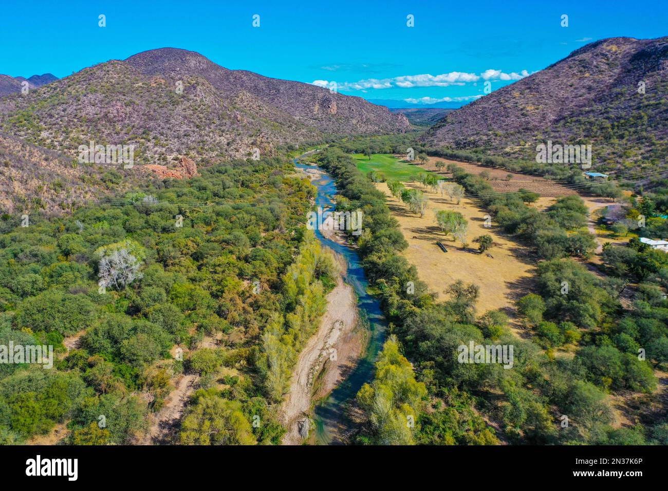 The Gavilan in Ures, Sonora Mexico. Aerial view of the river and ejido ...