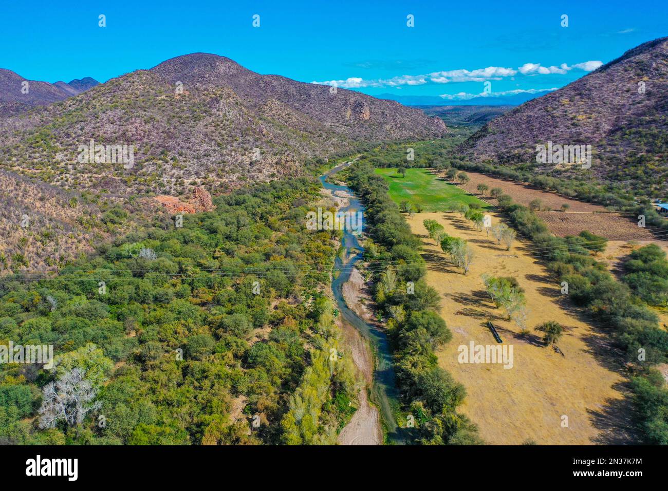 The Gavilan in Ures, Sonora Mexico. Aerial view of the river and ejido ...