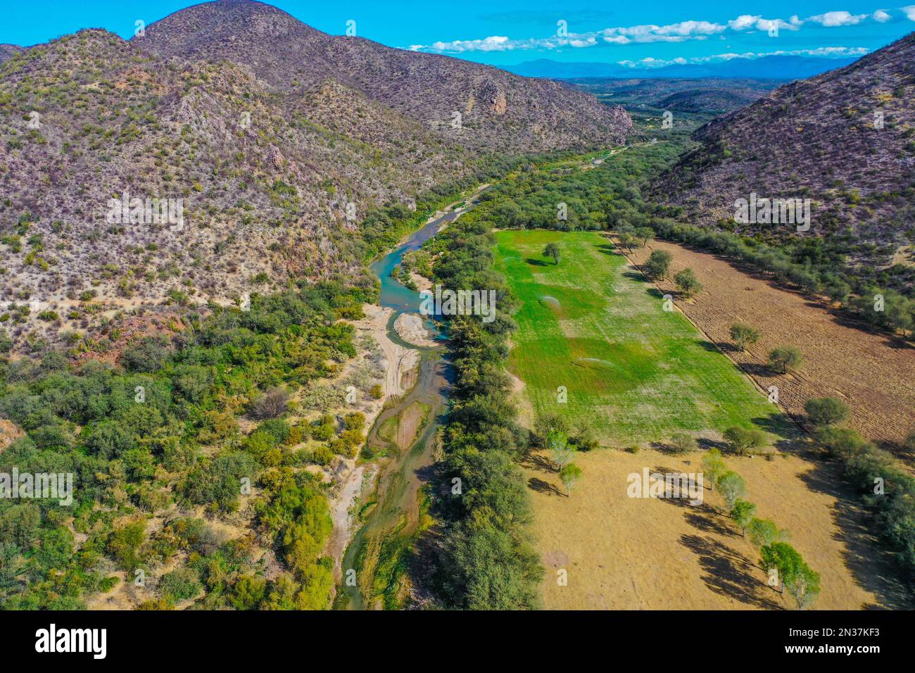 The Gavilan in Ures, Sonora Mexico. Aerial view of the river and ejido ...