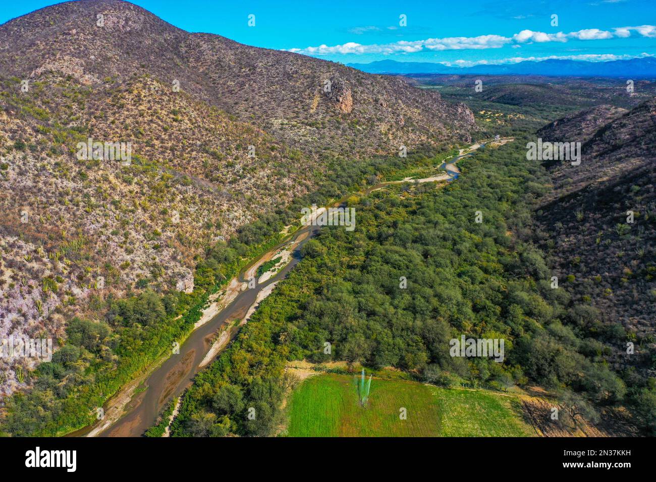 The Gavilan in Ures, Sonora Mexico. Aerial view of the river and ejido ...
