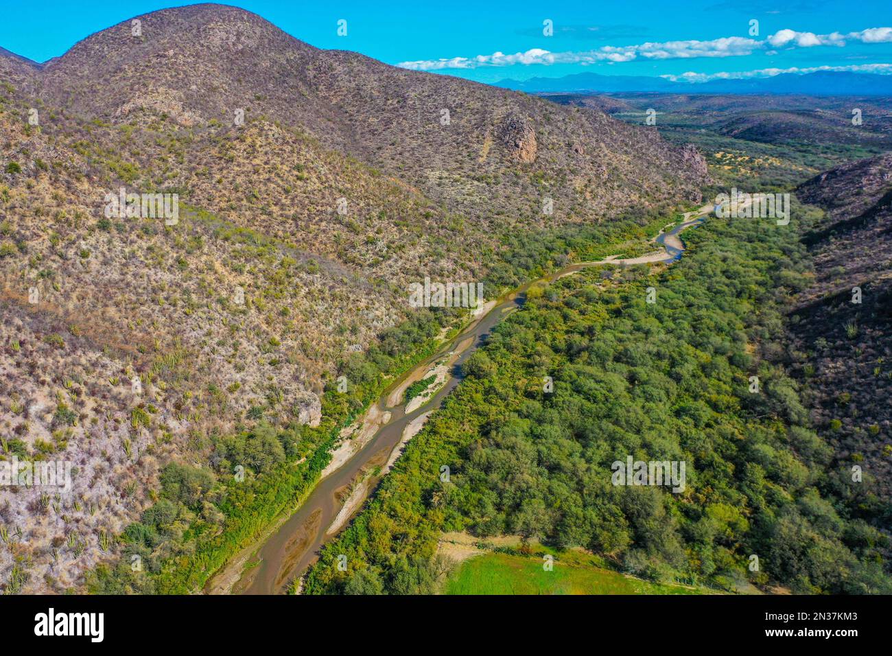 The Gavilan in Ures, Sonora Mexico. Aerial view of the river and ejido ...