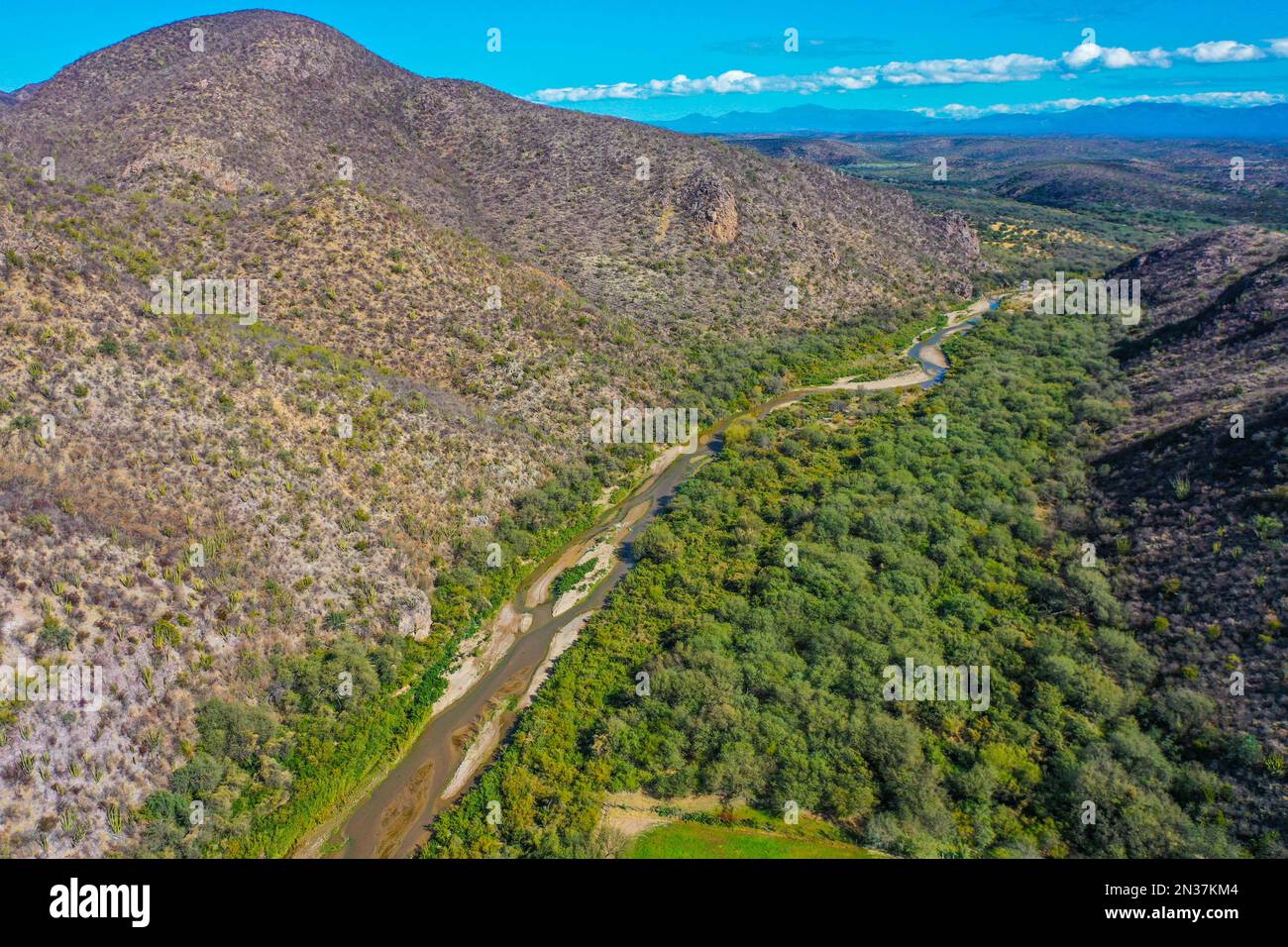 The Gavilan in Ures, Sonora Mexico. Aerial view of the river and ejido ...