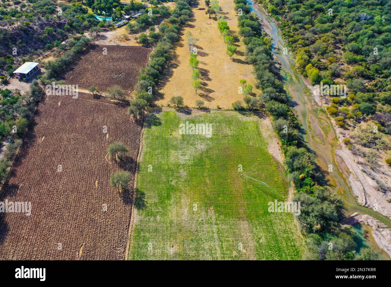 The Gavilan in Ures, Sonora Mexico. Aerial view of the river and ejido ...