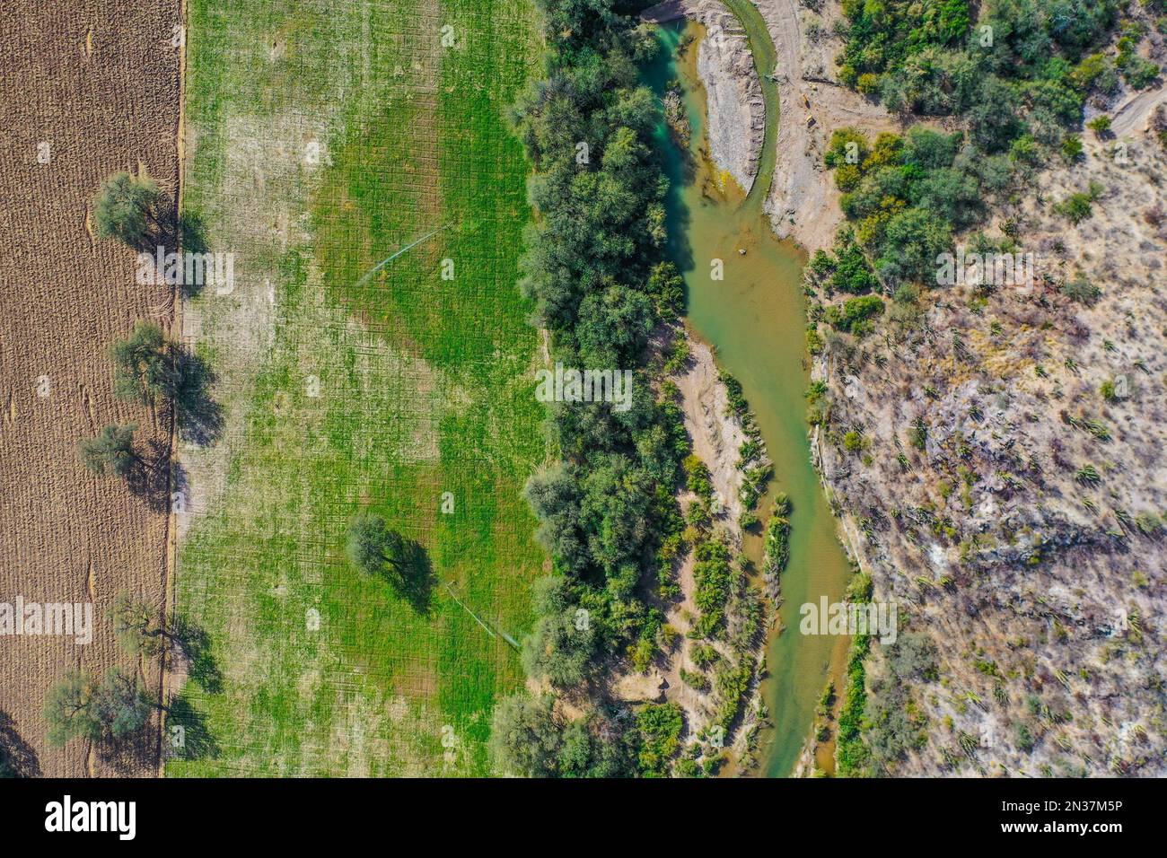 The Gavilan in Ures, Sonora Mexico. Aerial view of the river and ejido ...