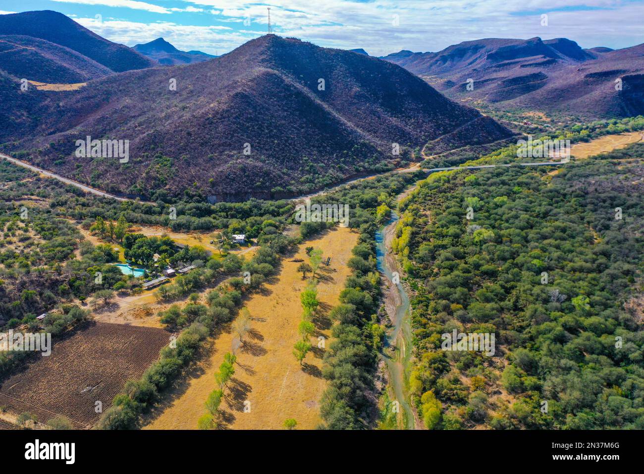 The Gavilan in Ures, Sonora Mexico. Aerial view of the river and ejido ...