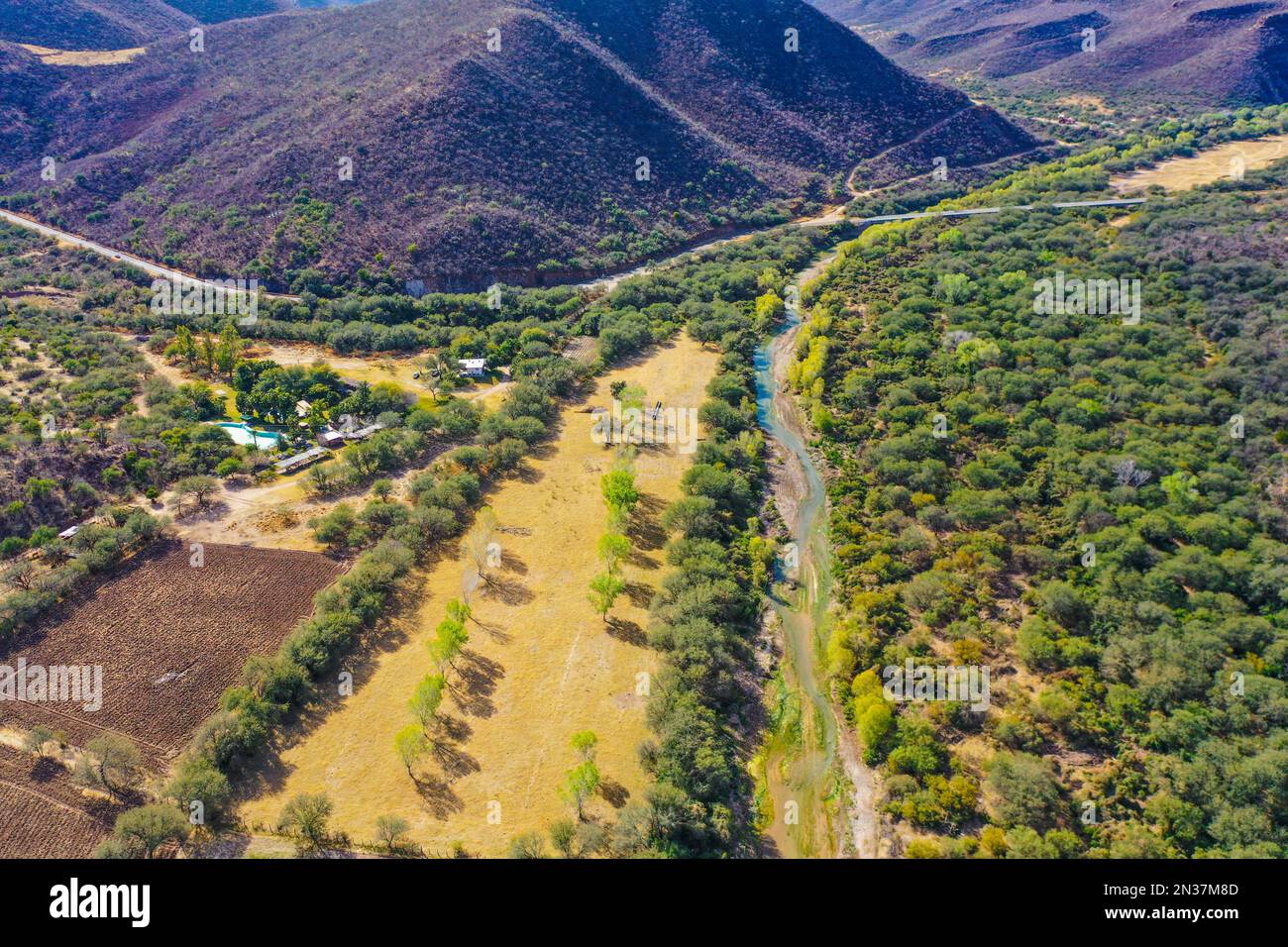 The Gavilan in Ures, Sonora Mexico. Aerial view of the river and ejido ...