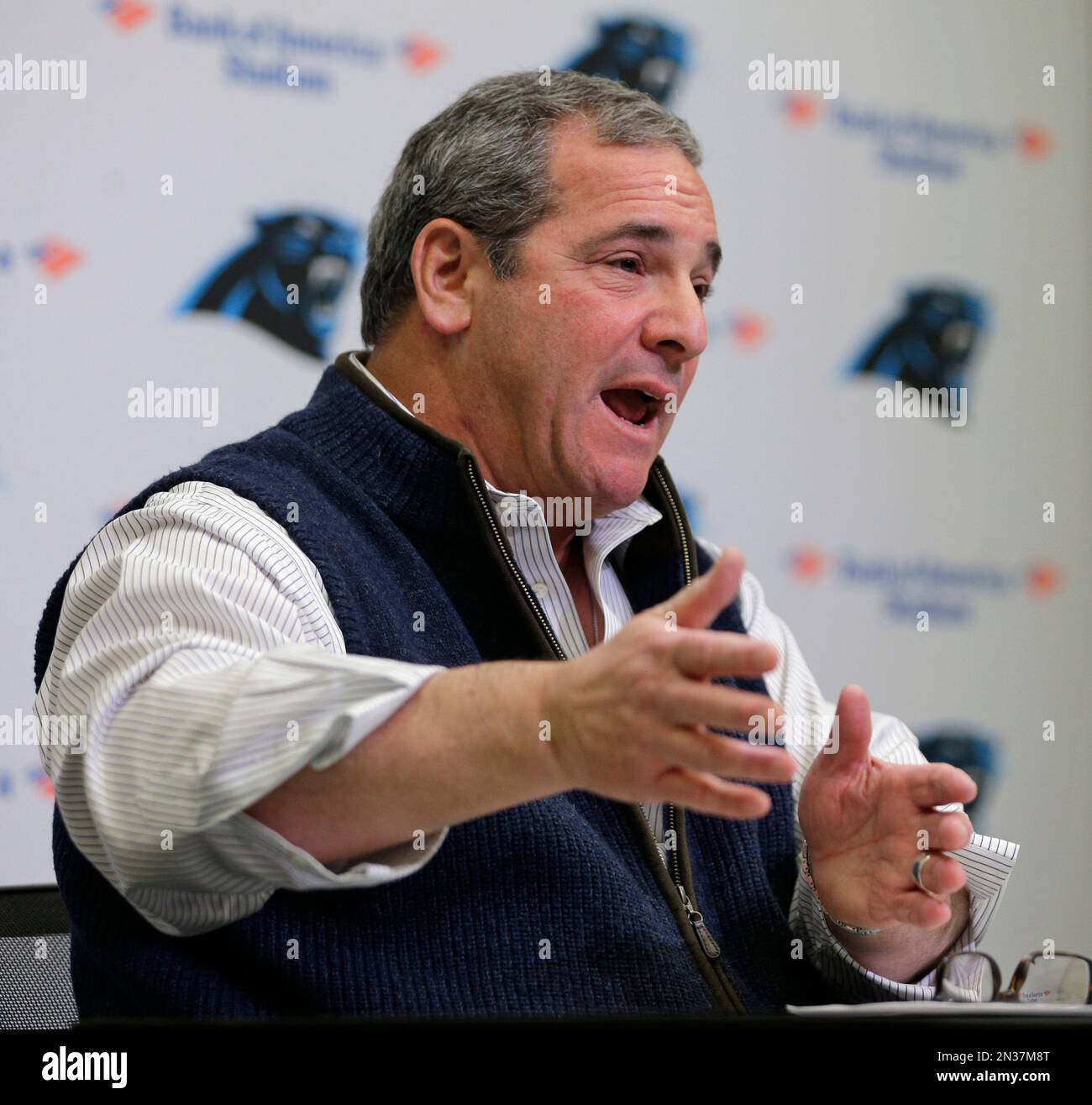 Carolina Panthers general manager Dave Gettleman answers a question ...
