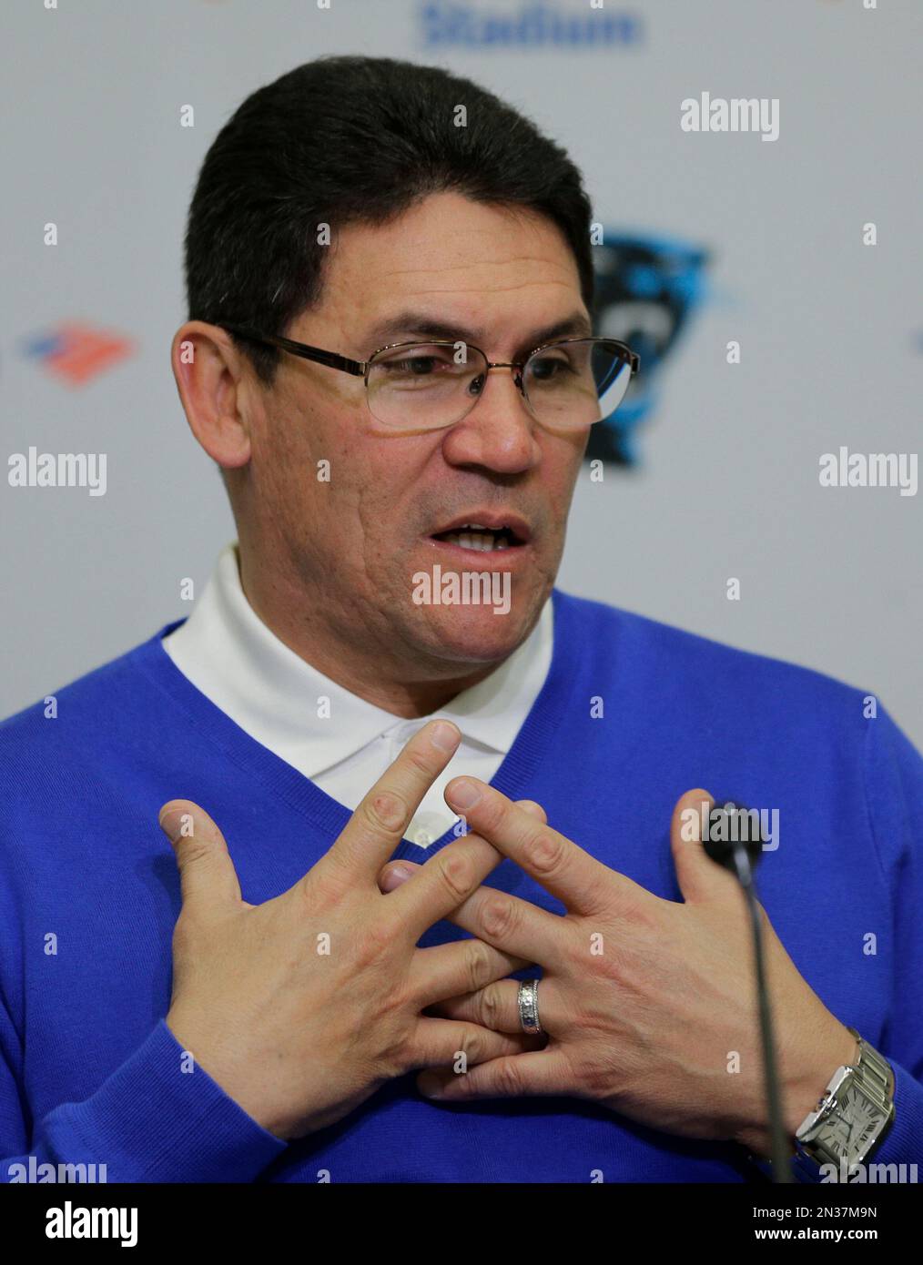 Carolina Panthers head coach Ron Rivera answers a question during an ...