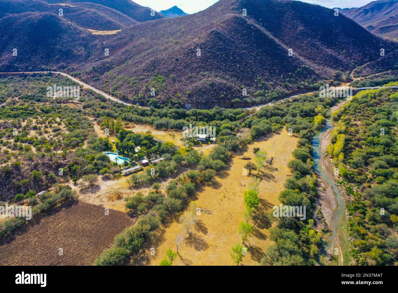The Gavilan in Ures, Sonora Mexico. Aerial view of the river and ejido ...