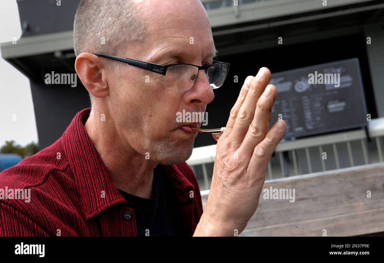 Artist Tim Hawkinson, demonstrates a Bosun's whistle which he ...