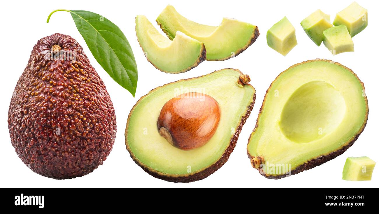 Hass avocado fruits, avocdo slices and leaf on white background. File ...