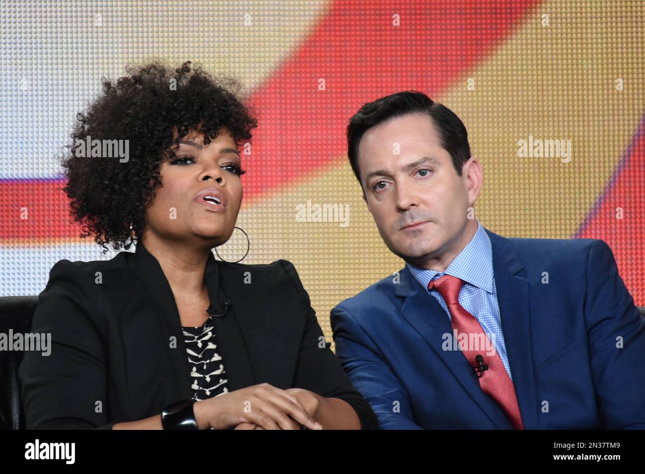 Yvette Nicole Brown, left, and Thomas Lennon speak on stage during "The ...