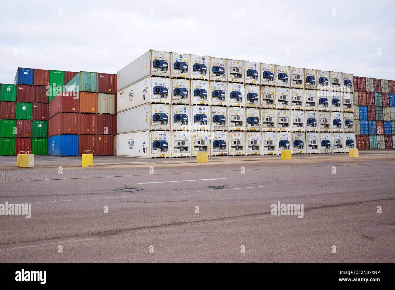 Shipping containers stored at Felixstowe Docks, Suffolk, UK Stock Photo ...