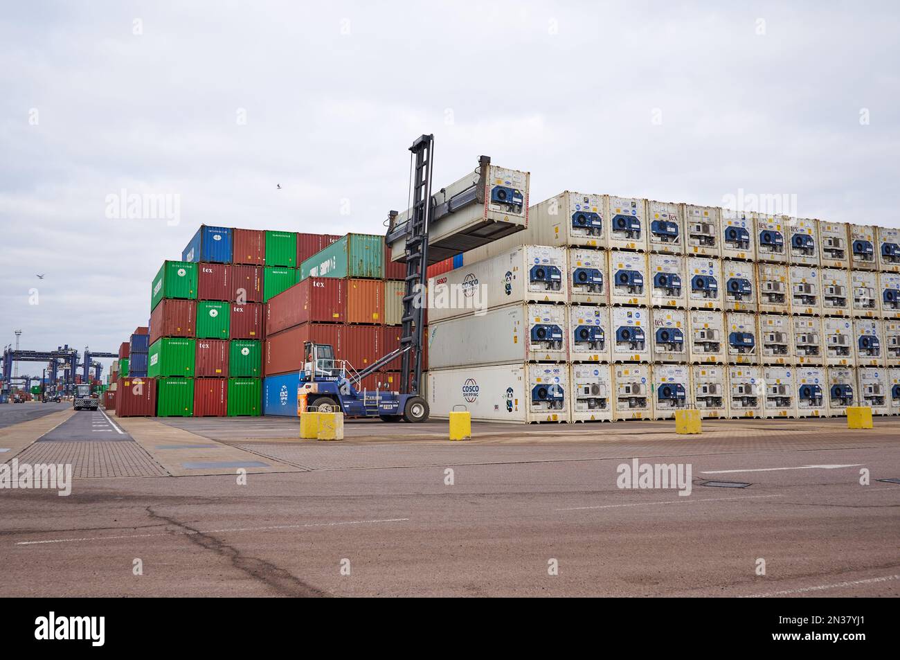 Shipping containers stored at Felixstowe Docks, Suffolk, UK Stock Photo ...