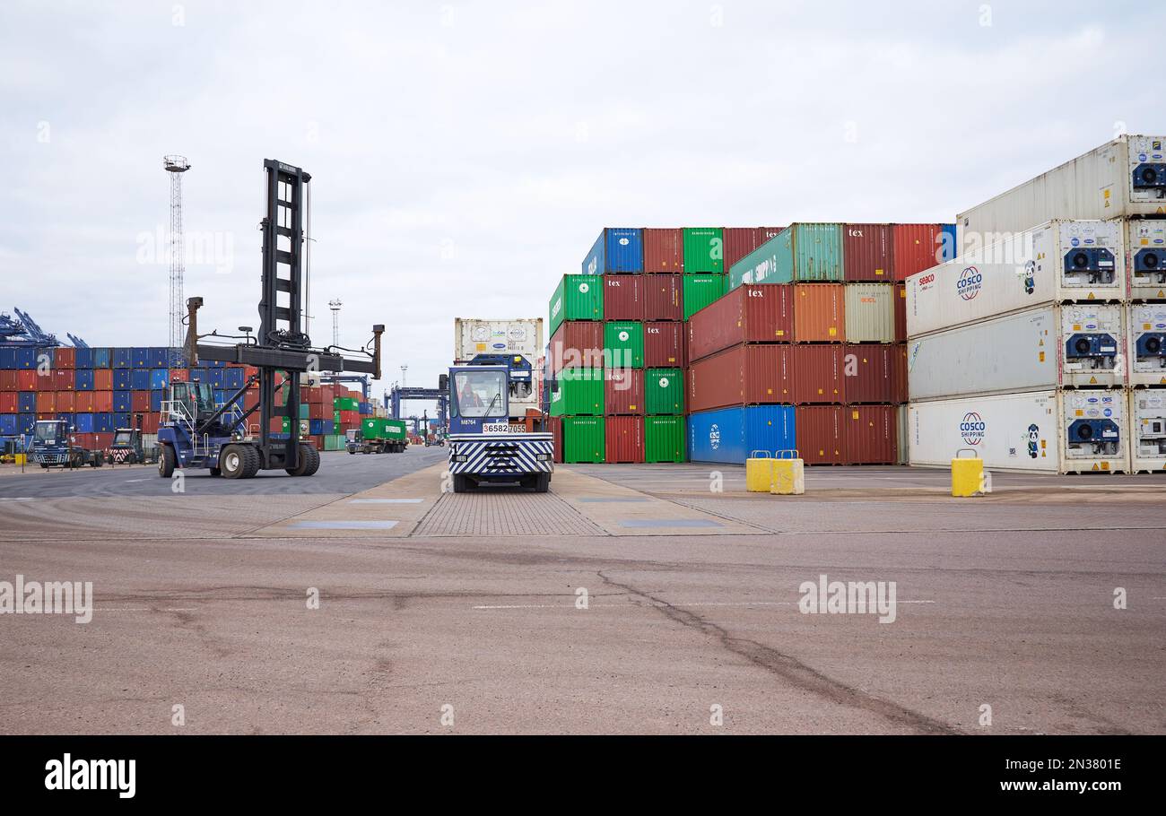 Shipping containers stored at Felixstowe Docks, Suffolk, UK Stock Photo ...