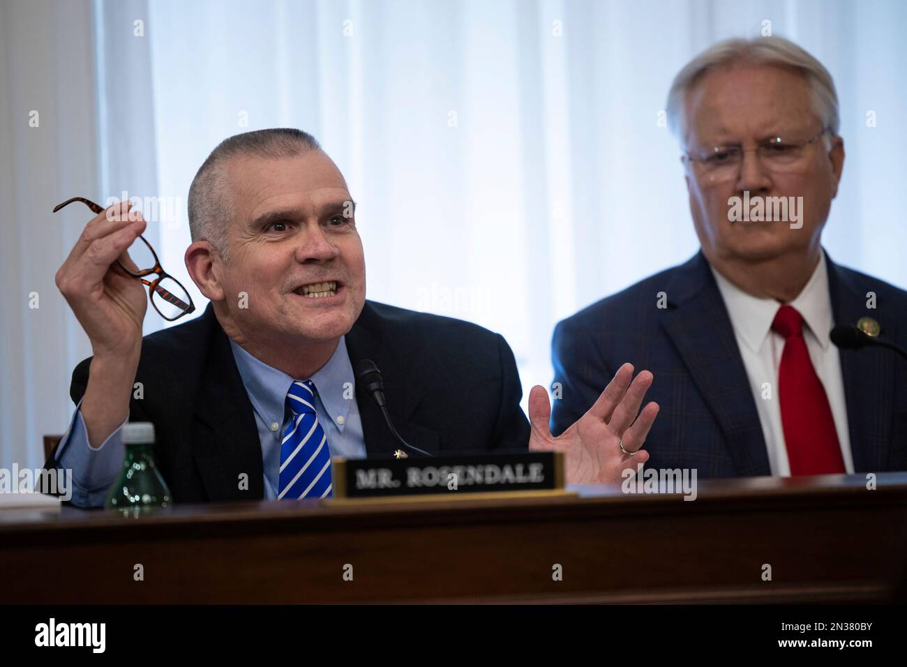 Rep. Matt Rosendale (R-Mont.) speaks while Rep. Jerry Carl (R-Ala ...