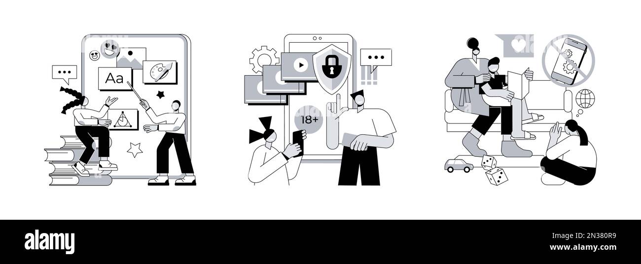 Children media access abstract concept vector illustration set. Kids ...