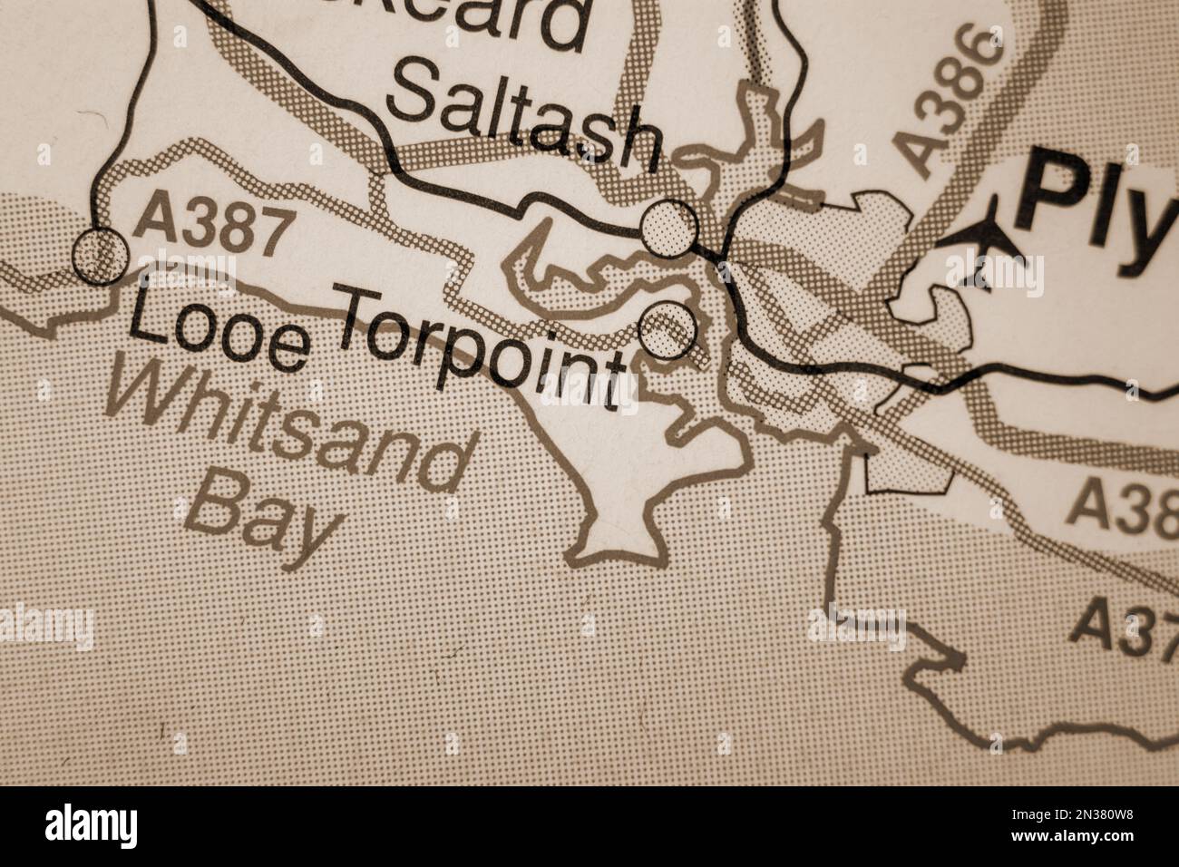 Torpoint, United Kingdom atlas map town name - sepia Stock Photo - Alamy