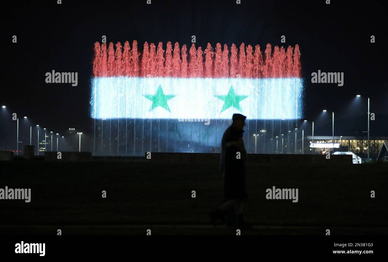 Photo taken on February 07, 2023 shows the fountain illuminated in the ...