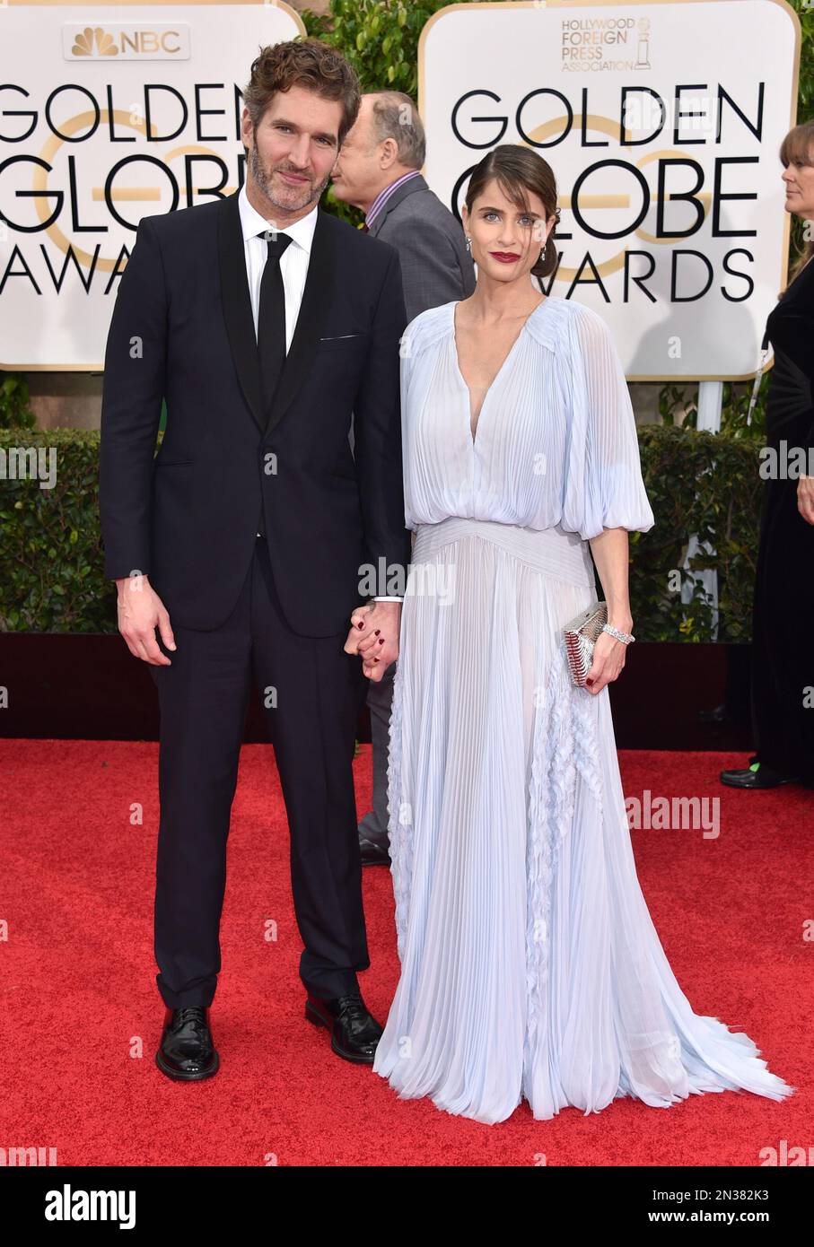David Benioff, left, and Amanda Peet arrive at the 72nd annual Golden ...