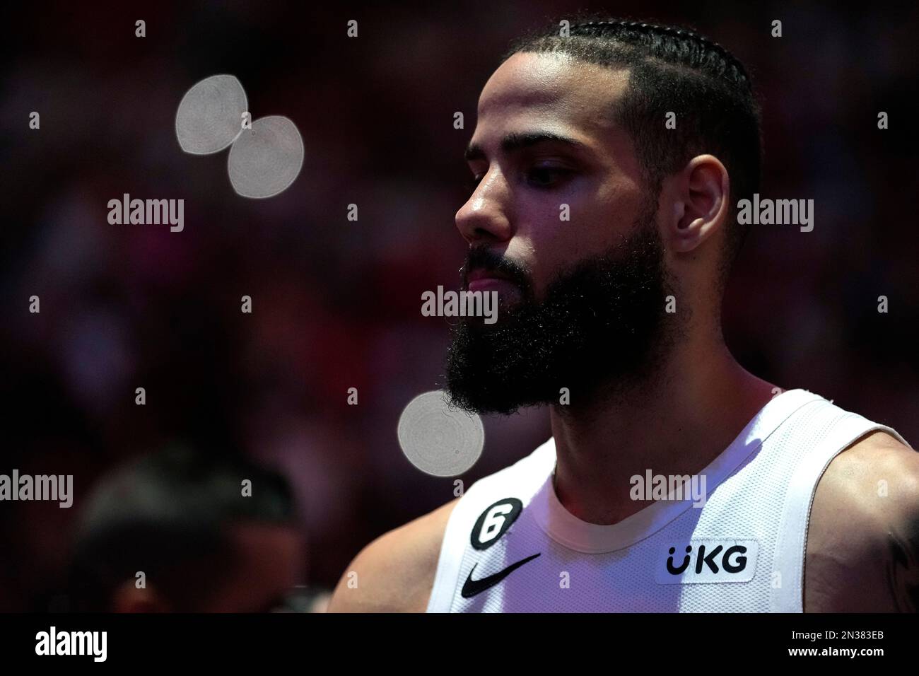 Miami Heat forward Caleb Martin is introduced before an NBA basketball ...