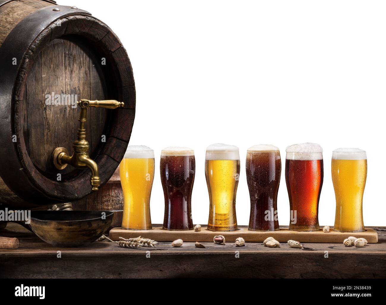 Collection of different chilled beer, beer cask isolated on white ...