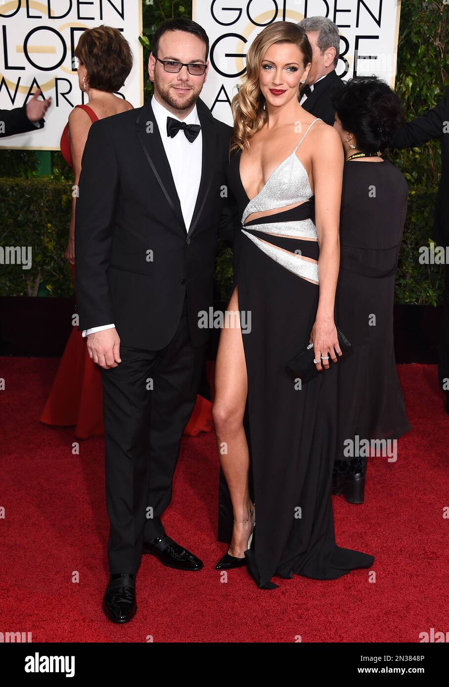 Dana Brunetti, left, and Katie Cassidy arrive at the 72nd annual Golden ...